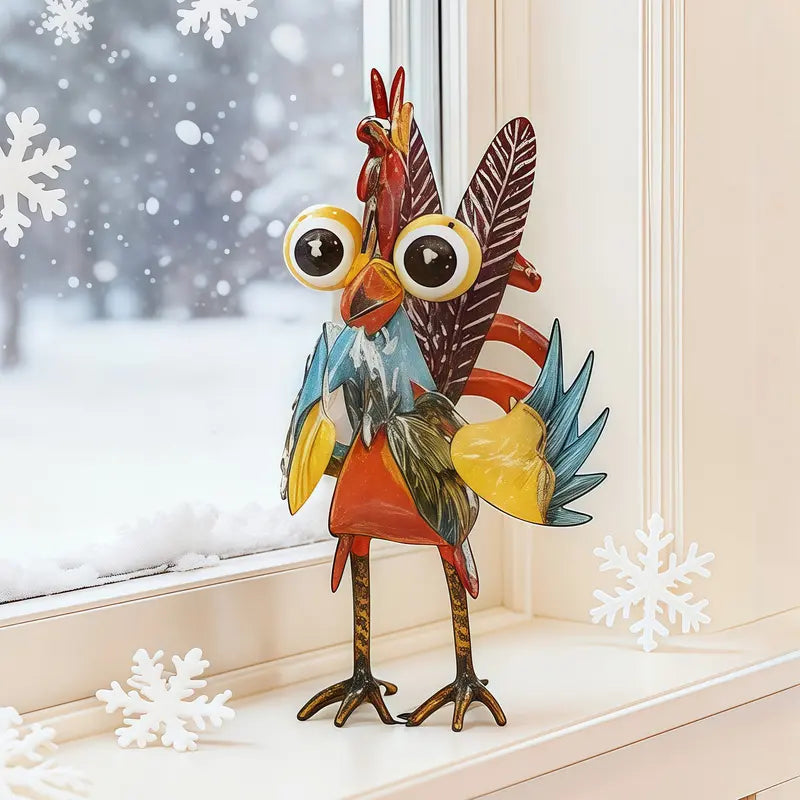 Quirky Big-Eyed Colorful Metal Rooster Statue for Garden & Home Decor ...